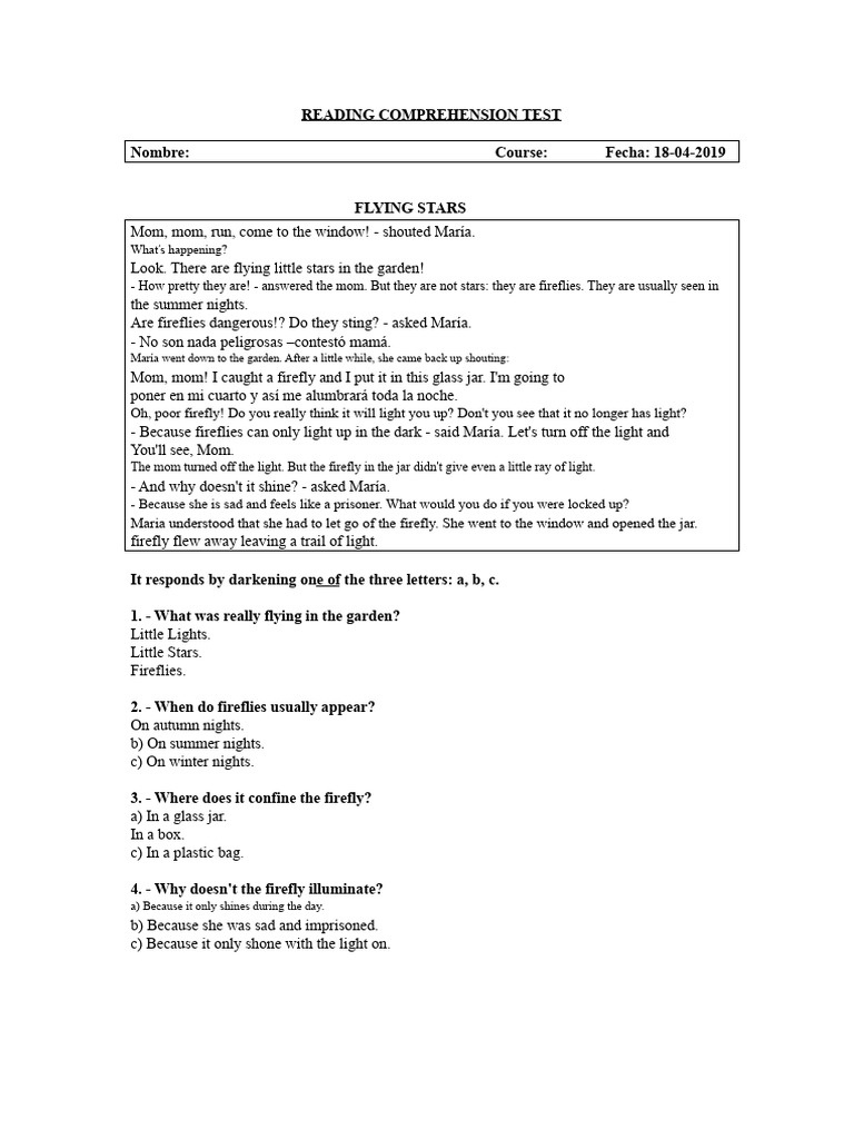 Reading Comprehension, Flying Stars | PDF