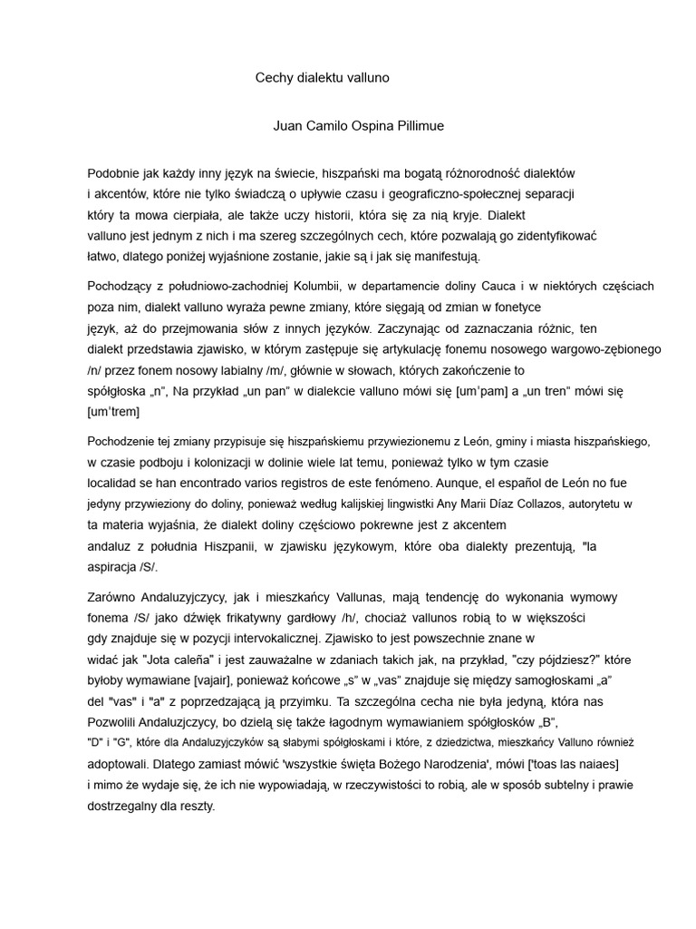 Cechy Dialektu Valluno | PDF
