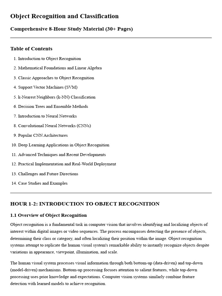 Object Recognition and Classification - 8 Hour Detailed Chapter | PDF ...