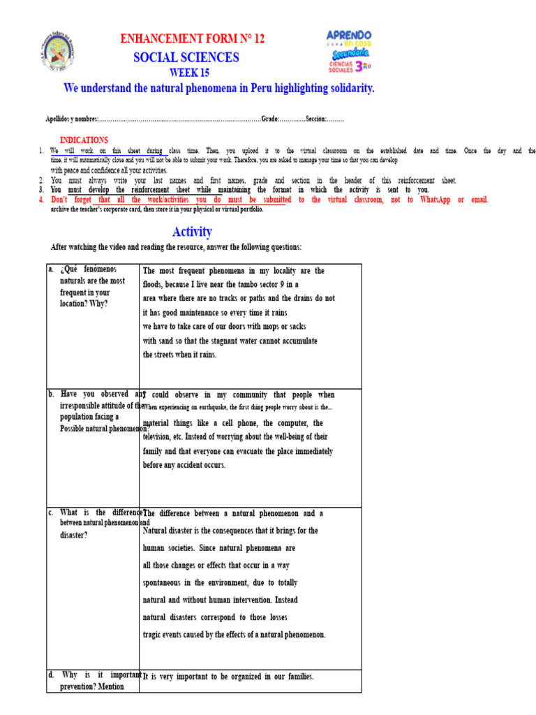 Activity Sheet 12 - Natural Phenomena in Peru | PDF | Natural Disasters ...
