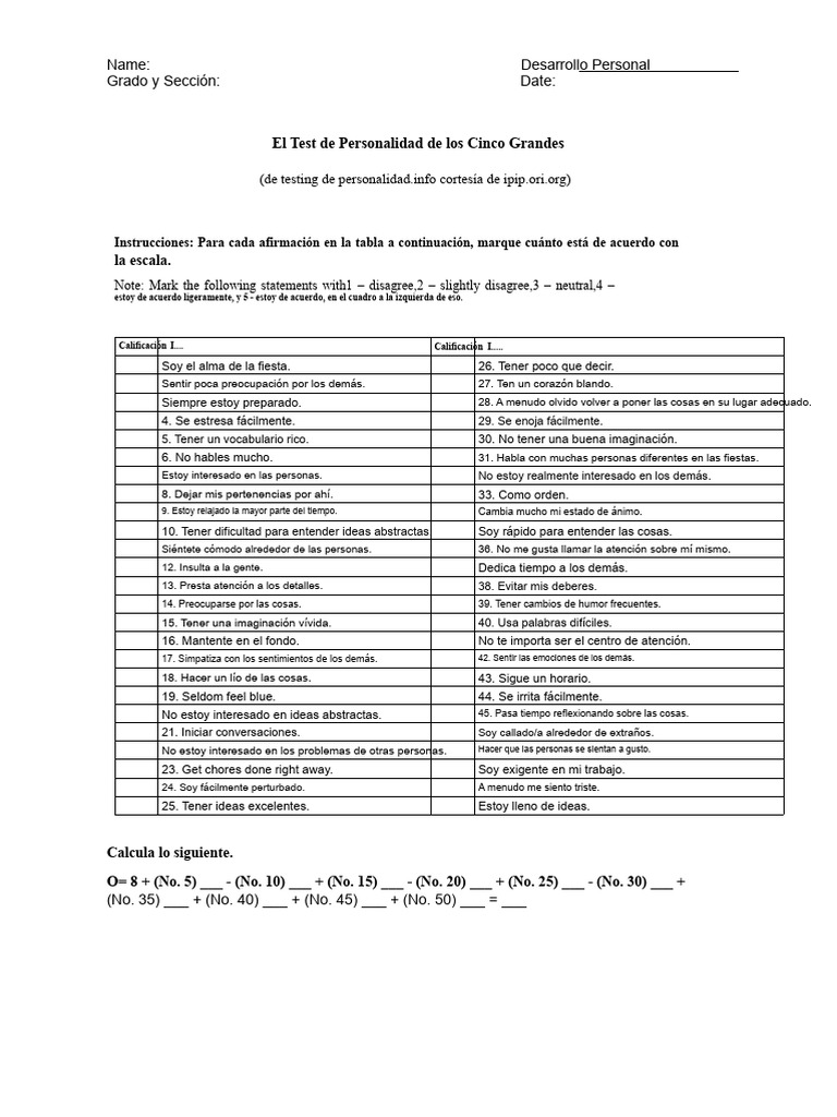 Test de Personalidad: Cinco Grandes Rasgos | PDF | Ciencias del ...