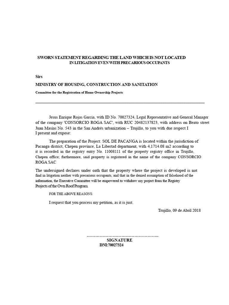 E. Sworn Declaration of Land Without Litigation | PDF