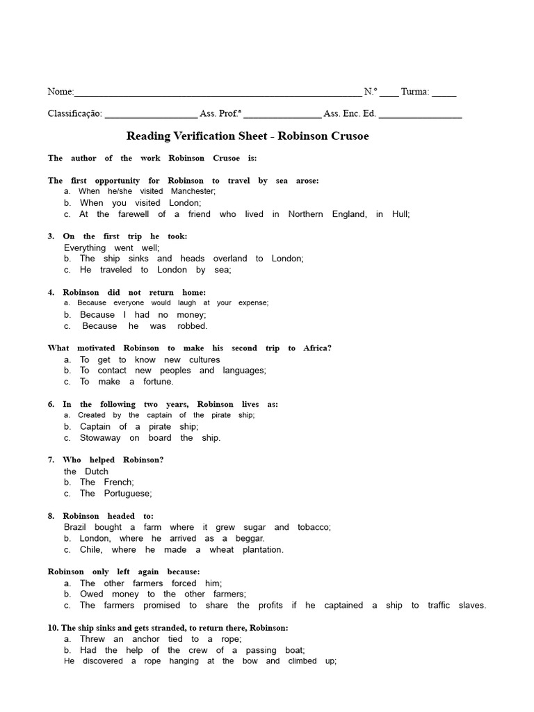 Reading Verification Sheet - Robinson1 | PDF | Robinson Crusoe | Water ...
