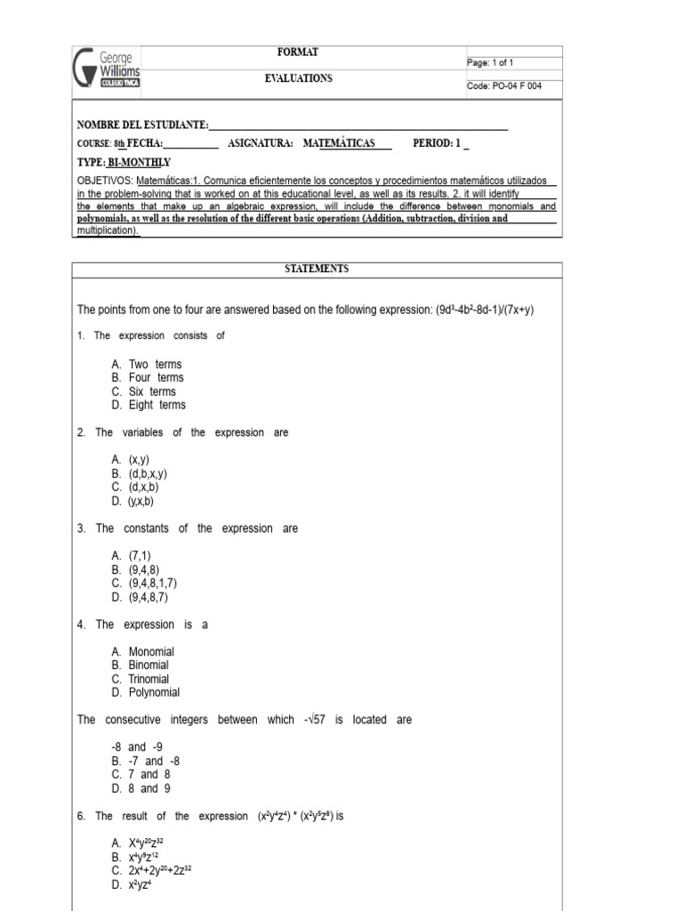 Eighth Virtual Evaluation | PDF | Polynomial | Algebra