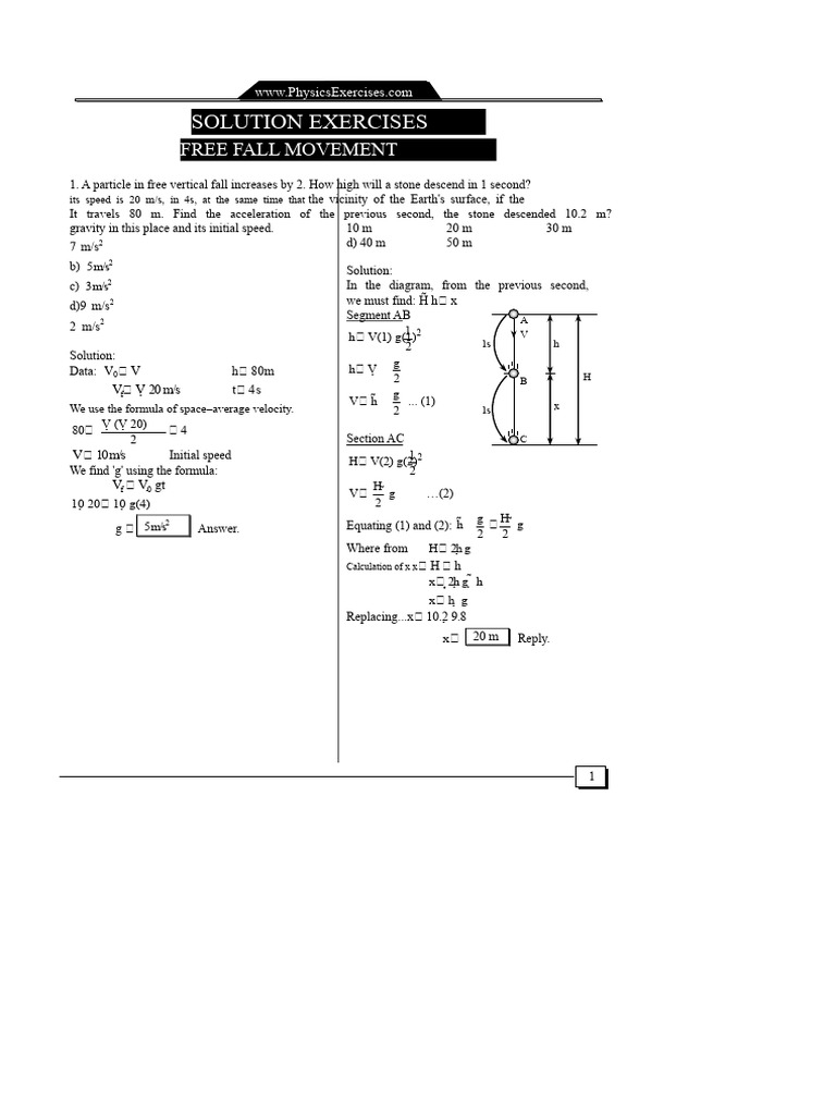 Free Fall Physics Exercises Solutions | PDF | Motion (Physics ...