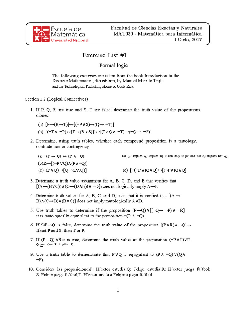 Logical Connectives and Truth Tables Exercises | PDF | Logic | Mathematics