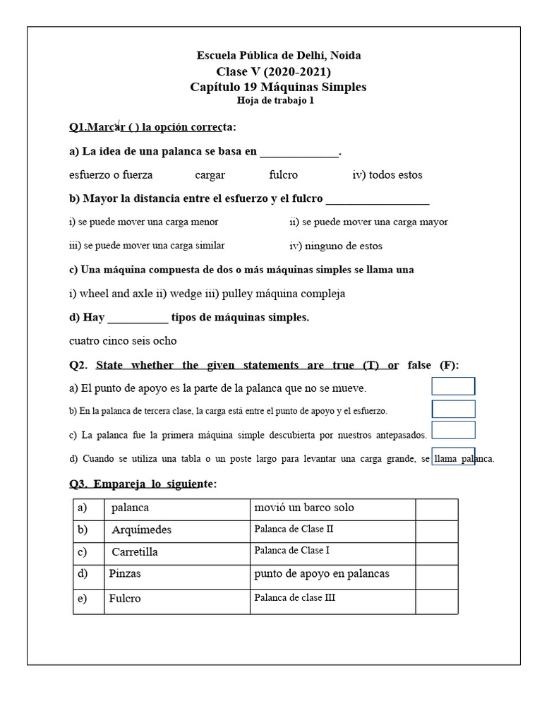 Hoja de Trabajo de Máquinas Simples 1 | PDF | Palanca | Cinemática