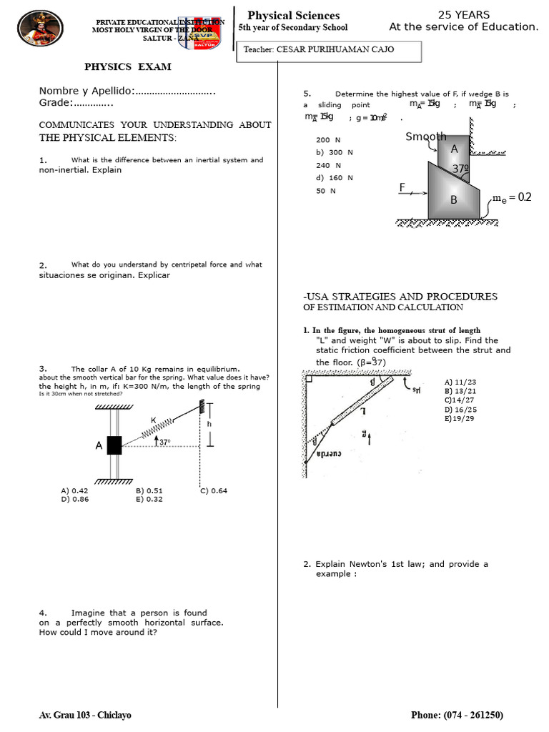 Physics Exam For Fifth Year of Secondary School | PDF | Force | Applied ...