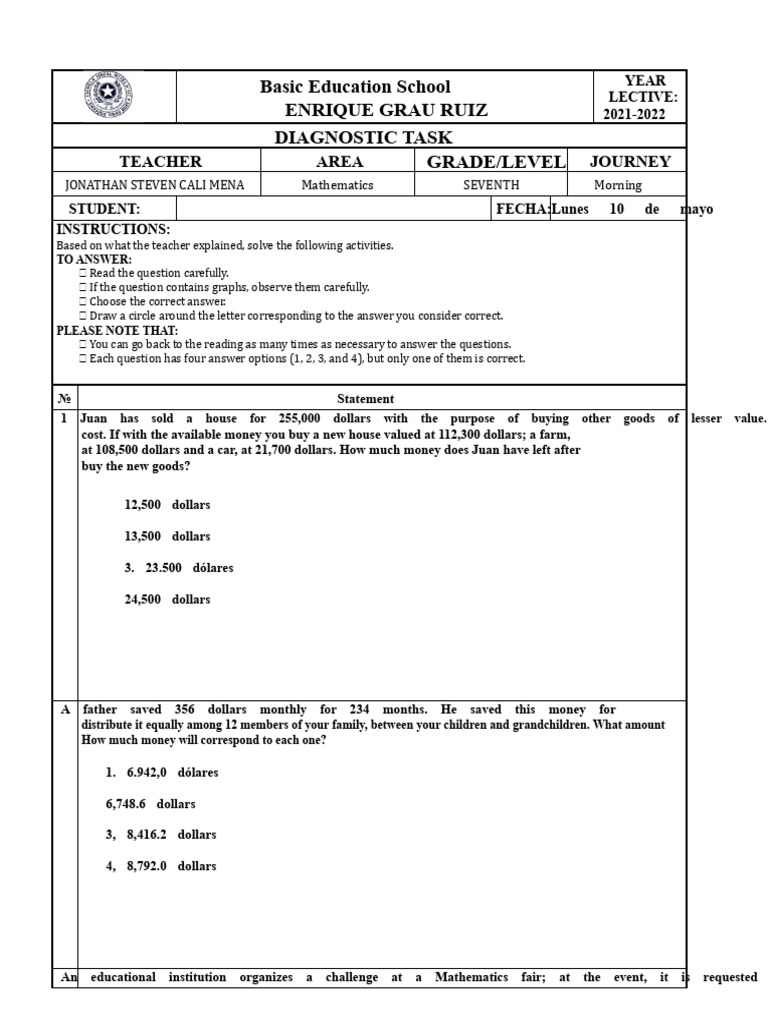 Diagnostic Task - WEEK 1 - SEVENTH - Mathematics | PDF | Soft Drink