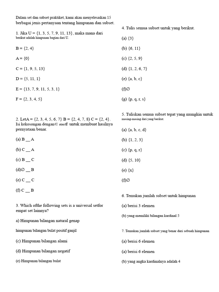 Pertanyaan Himpunan dan Subset Matematis | PDF