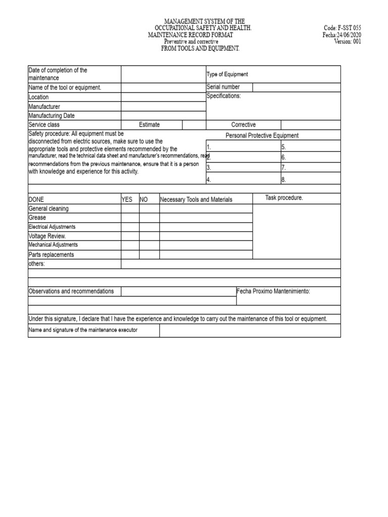 Maintenance Record for Safety Equipment | PDF