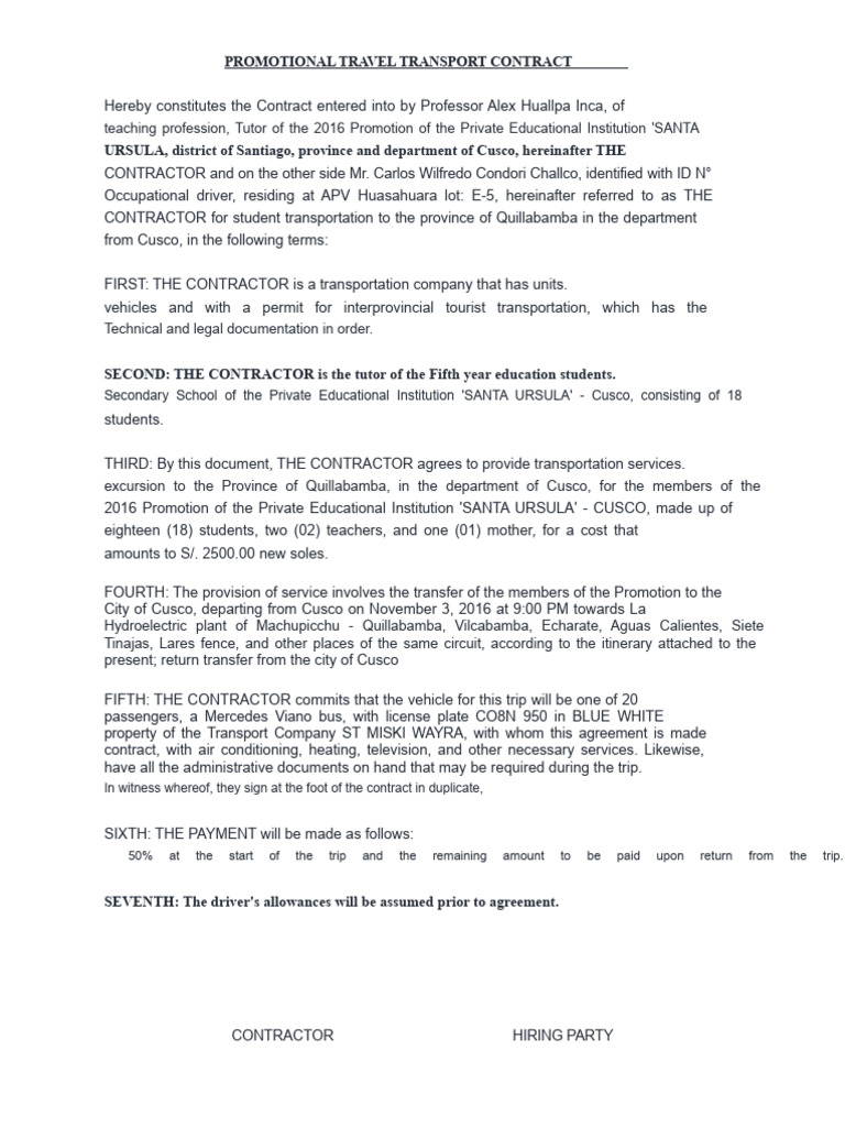 Travel Transport Contract for Students | PDF | Transport