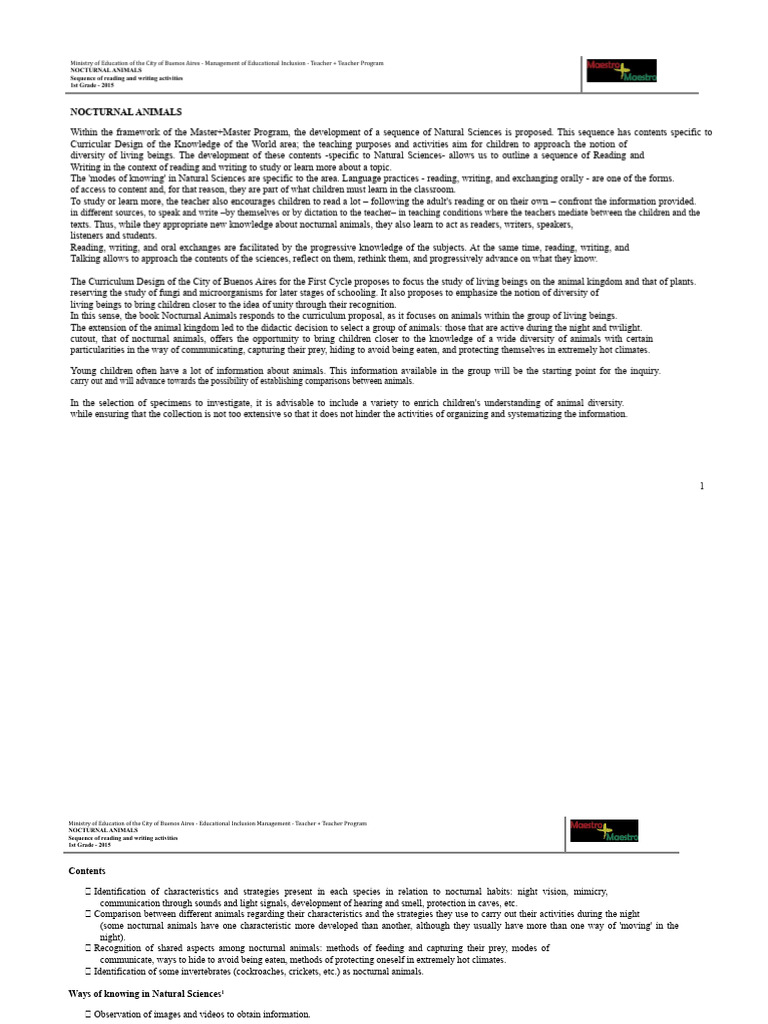 Nocturnal Animals - Sequence - REVISED Version 2-6 | PDF | Zoology