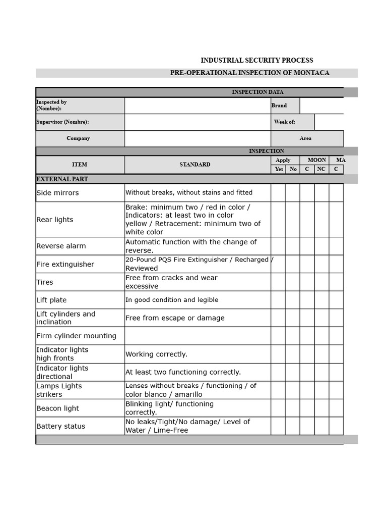 Industrial Security Inspection Checklist | PDF | Forklift | Motor Vehicle