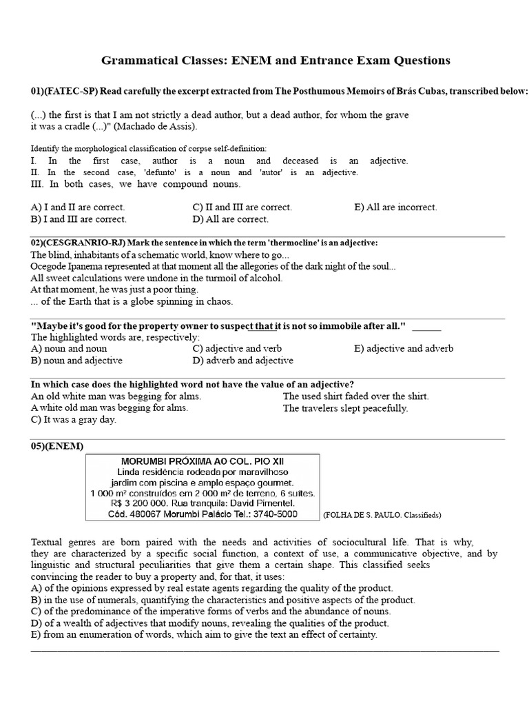 Questions On Parts of Speech Enem and College Entrance Exam | PDF ...