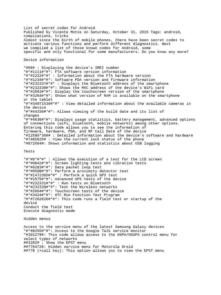 List of Android Secret Codes | PDF | Android (Operating System ...