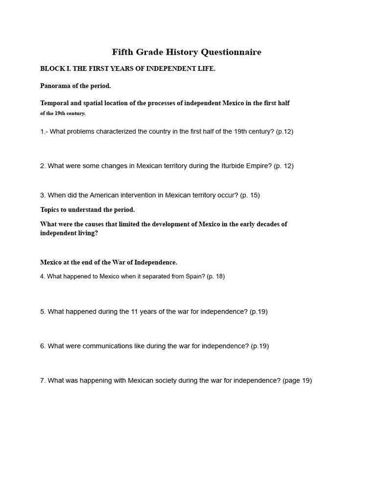 Fifth Grade History Questionnaire | PDF | Mexico | Politics Of Mexico