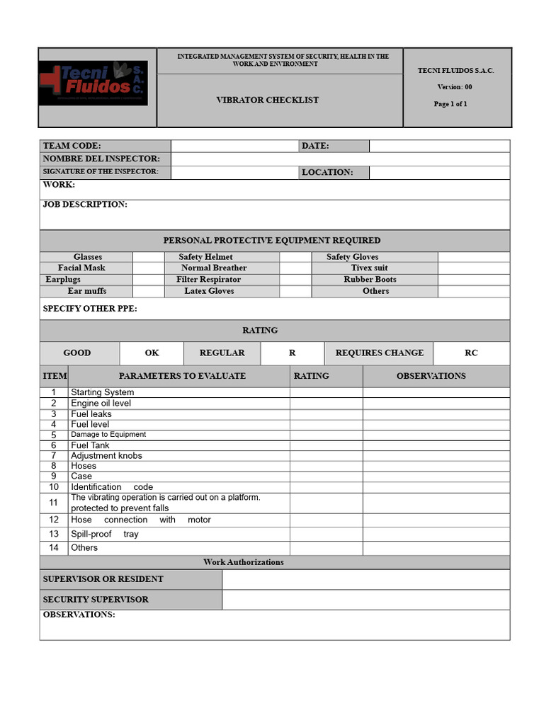 Vibrator Safety Inspection Checklist | PDF