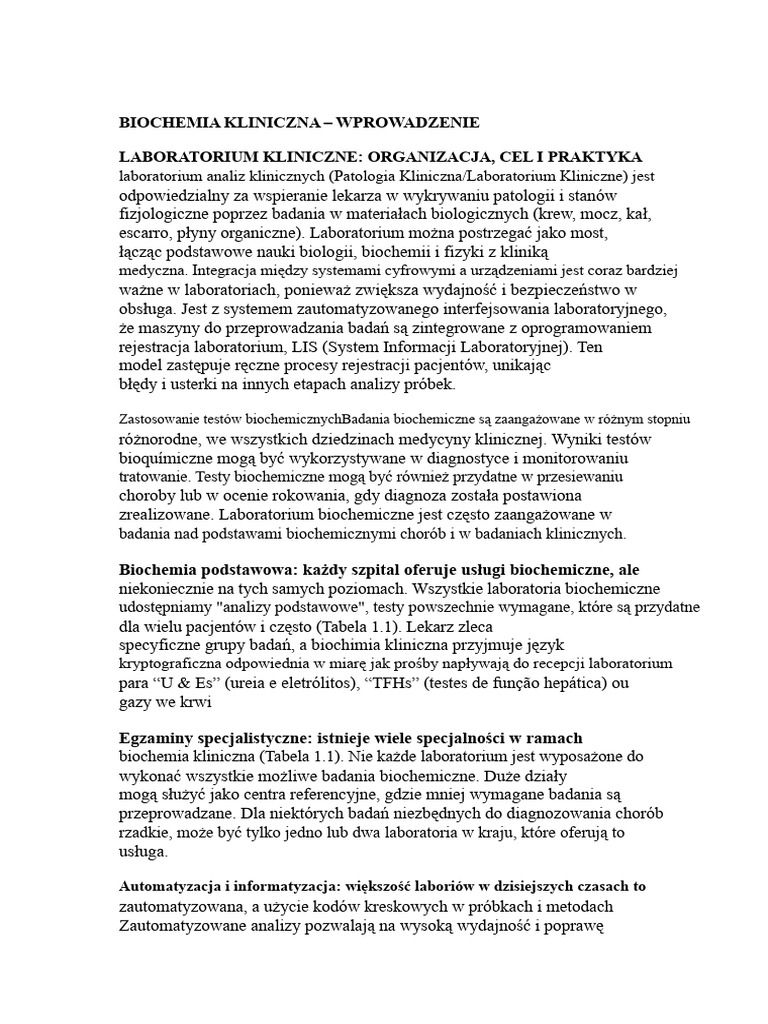 BIOCHEMIA KLINICZNA - Wprowadzenie Do Lekcji 1 | PDF