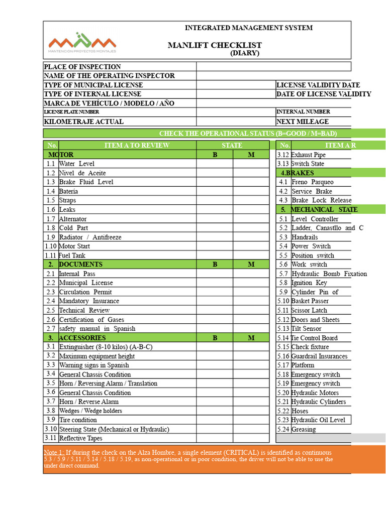 Manlift Inspection Checklist Guide | PDF | Vehicle Technology | Vehicles