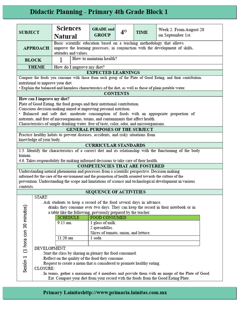Planning 4th Grade Block 1 Natural Sciences (2017-2018) | PDF | Foods ...
