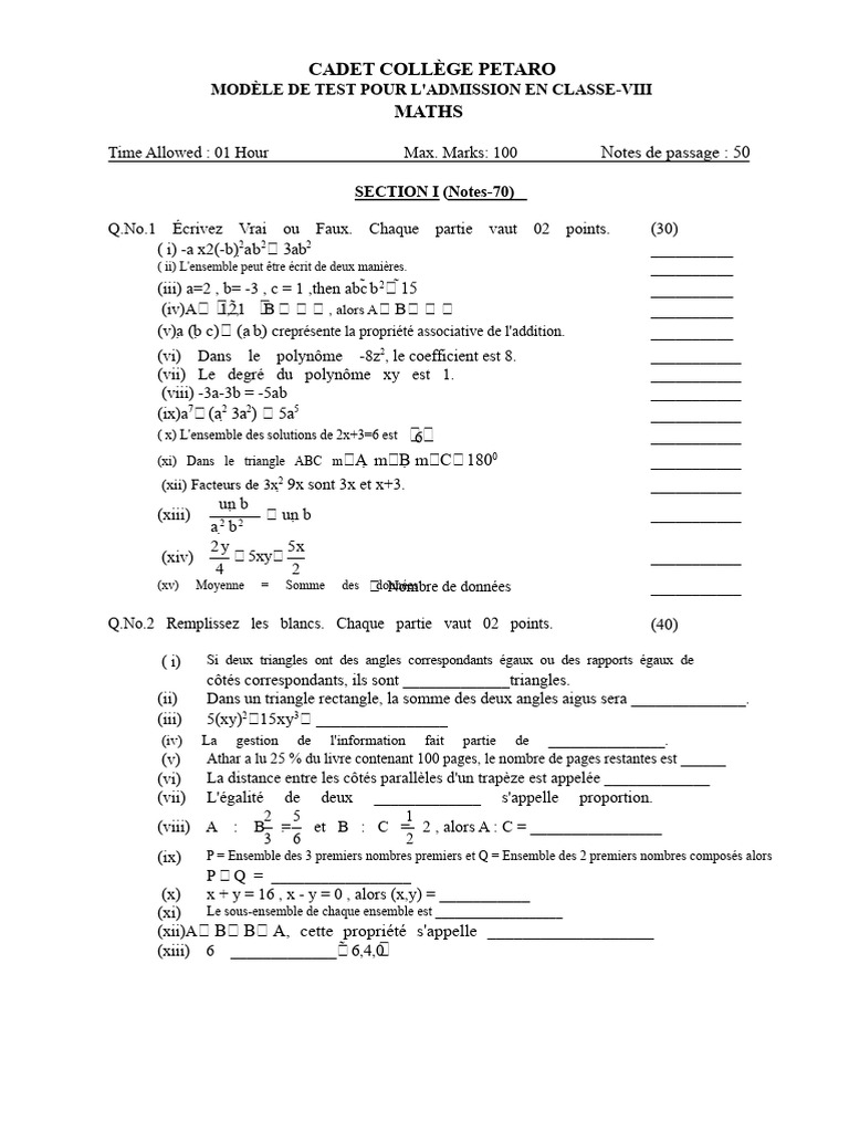 Test d'admission en maths - Classe VIII | PDF | Mathématiques | Algèbre