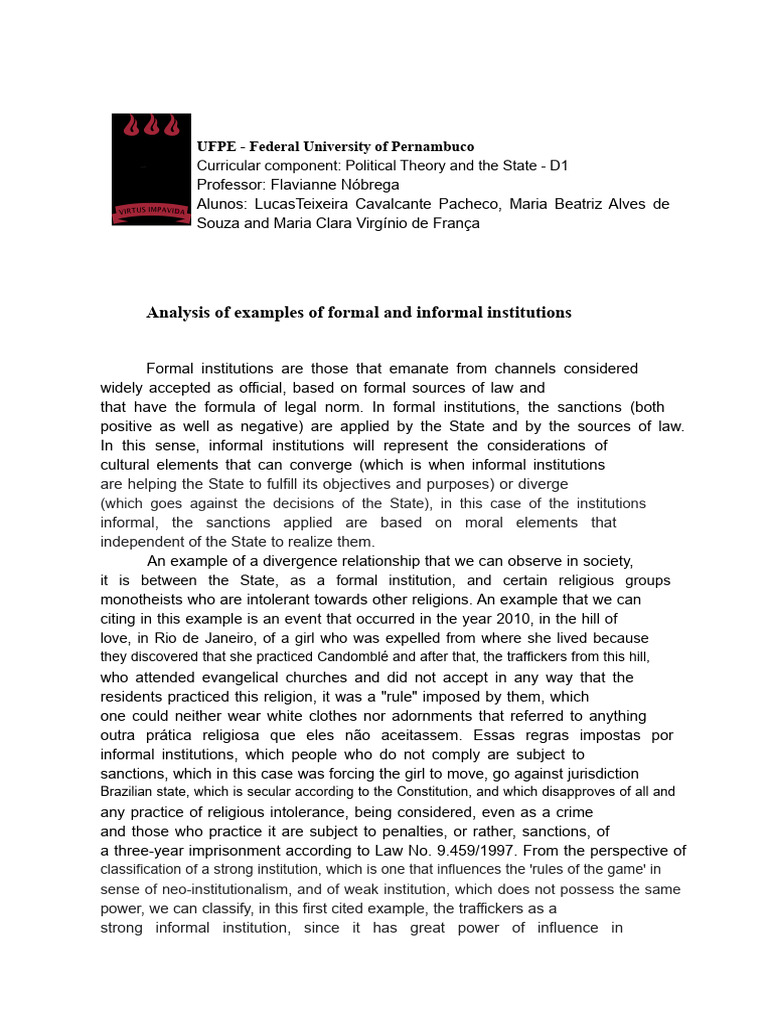 Analysis of Examples of Formal and Informal Institutions | PDF ...