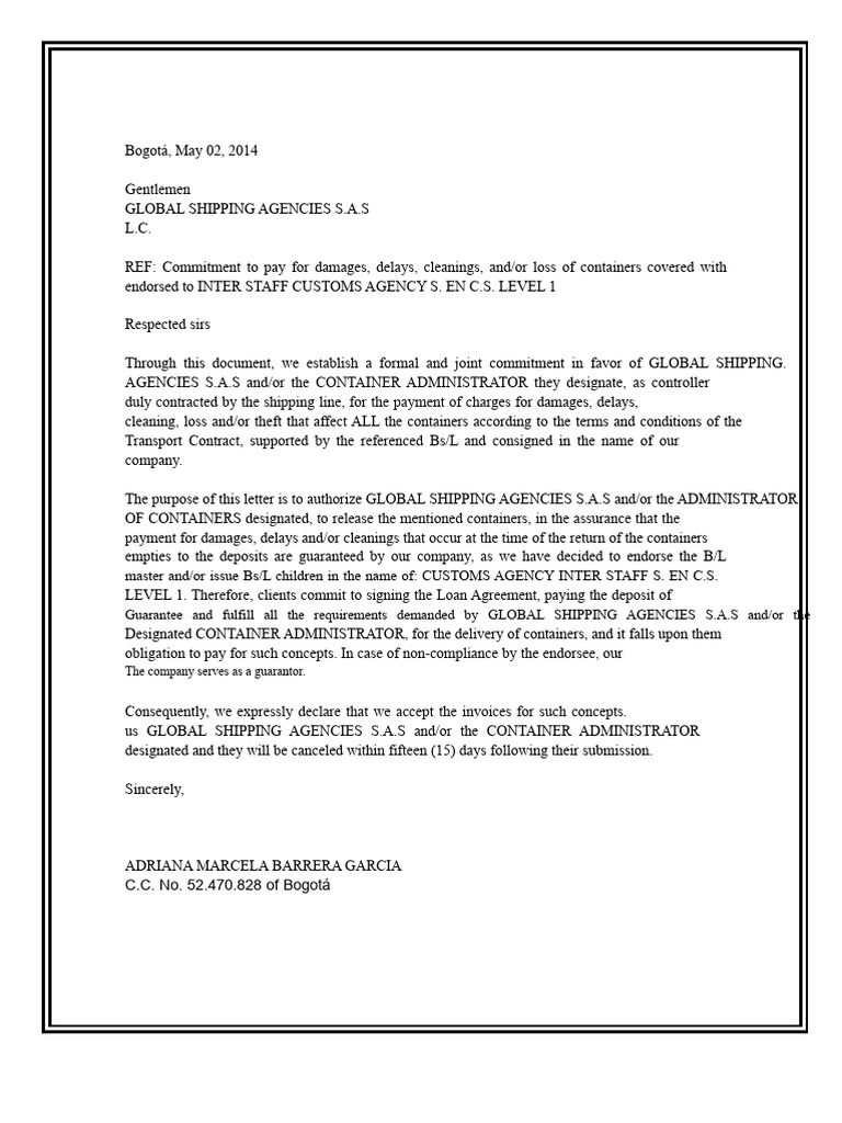 Container Damage Payment Commitment Letter | PDF