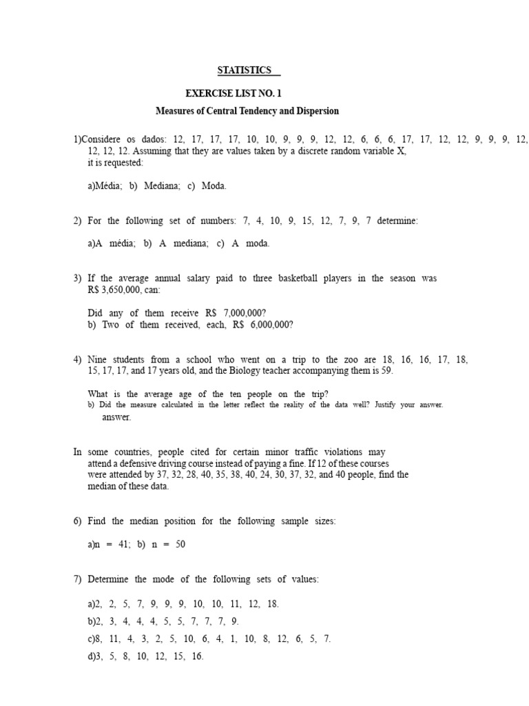 Central Tendency and Dispersion Exercises | PDF | Standard Deviation ...