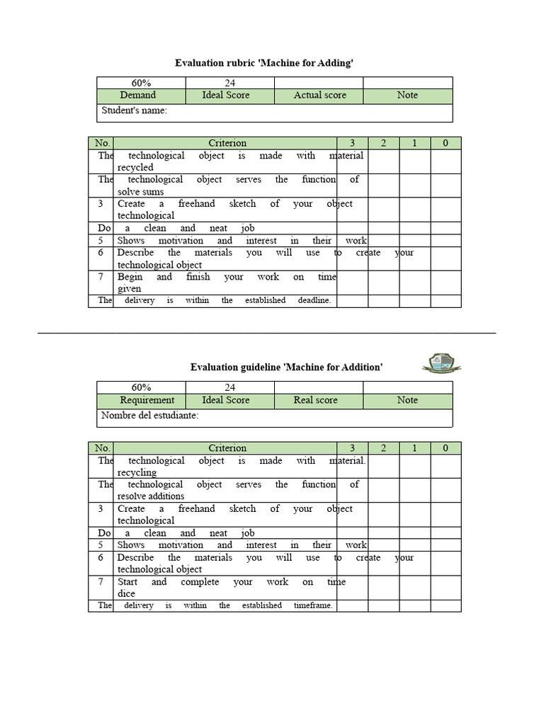 Evaluation guideline for the adding machine | PDF