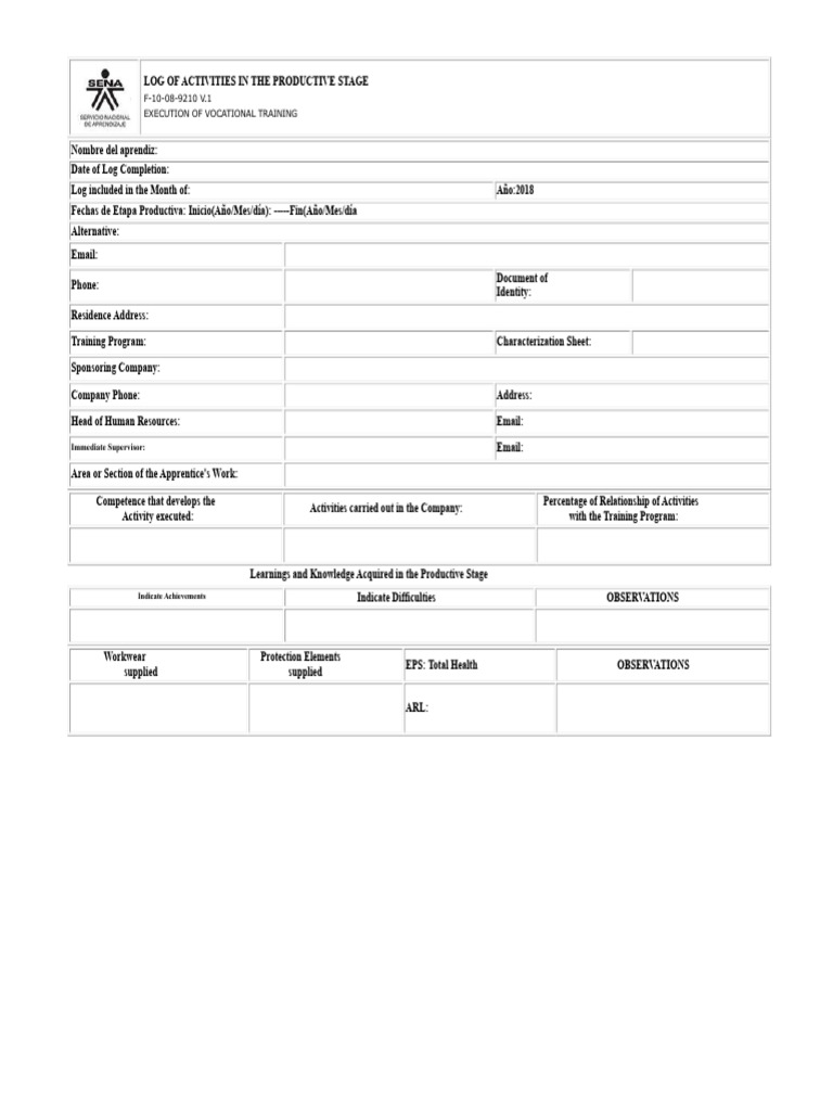 Format For Activity Log Registration of Productive Stage | PDF