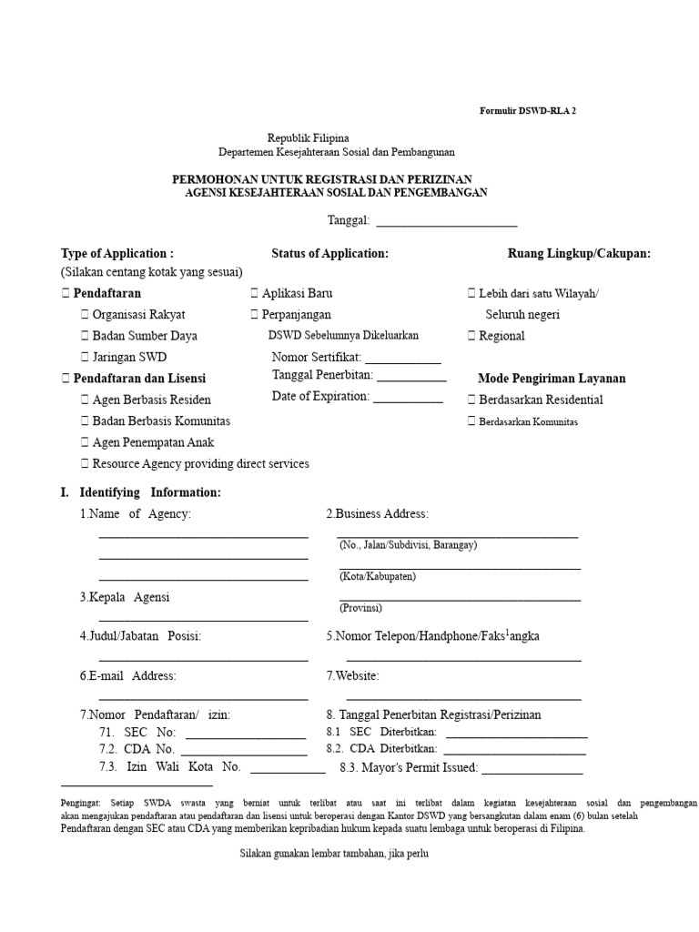Formulir Permohonan DSWD RLA Form 2 Untuk Lisensi Reguler | PDF