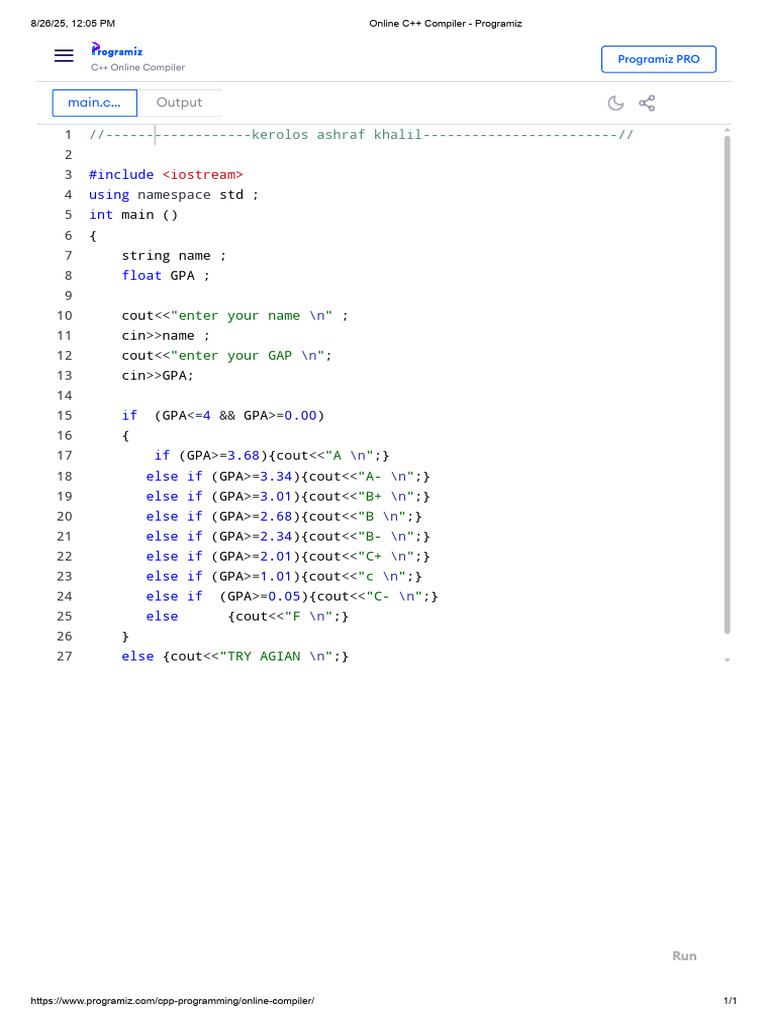 Online C++ Compiler - Programiz (Kerolos Ashraf Khalil) | PDF