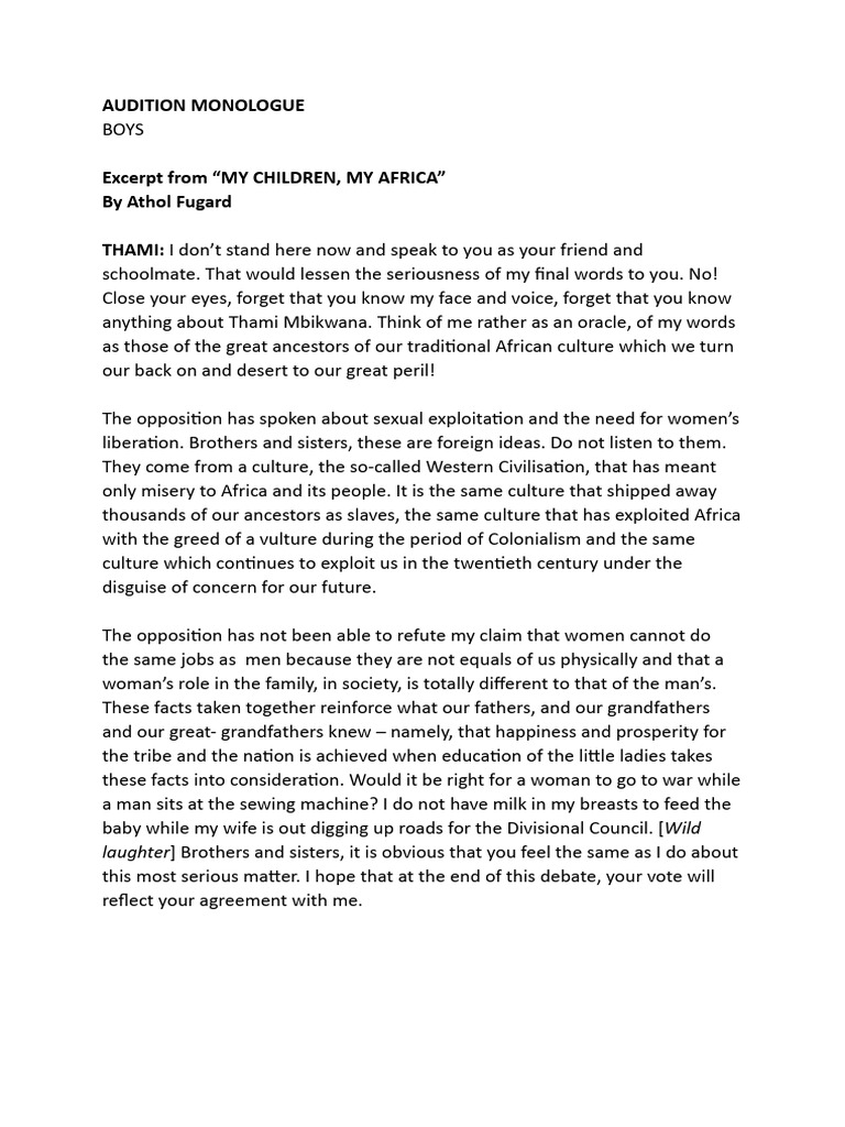 Thami's Monologue from My Children, My Africa | PDF