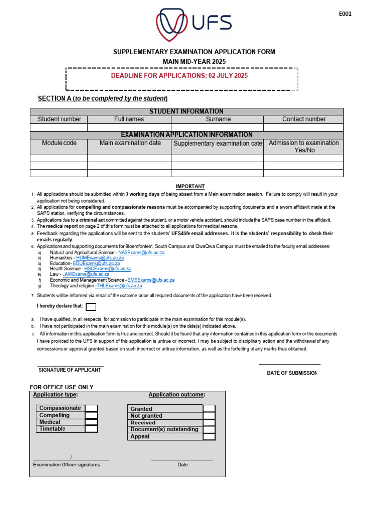 Supplementary Exam Application Form Main Mid Year 2025 | PDF | Health Care