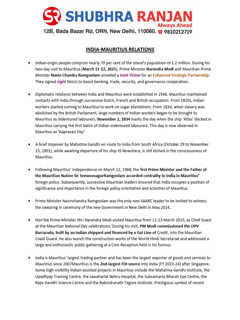 India-Mauritius Strategic Partnership 2025 | PDF | Mauritius ...