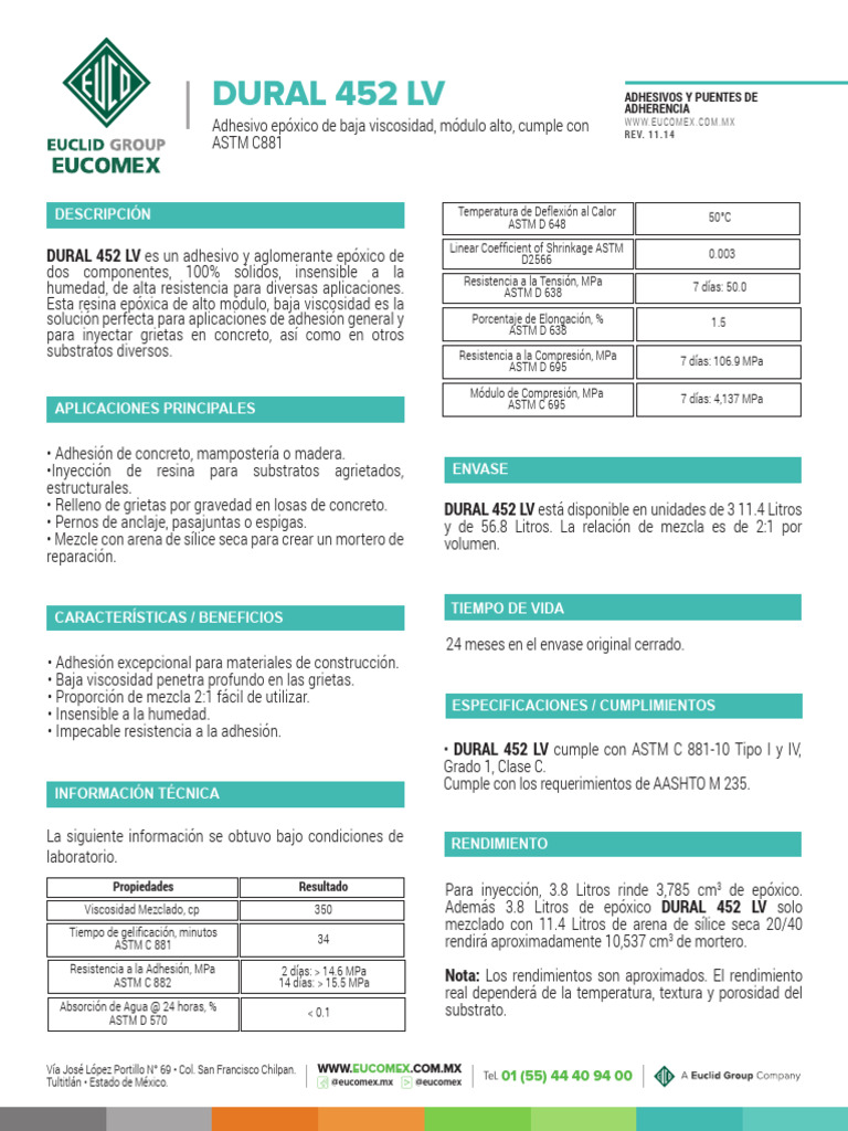 Adhesivo Epóxico DURAL 452 LV | PDF | Hormigón | Ingeniería mecánica