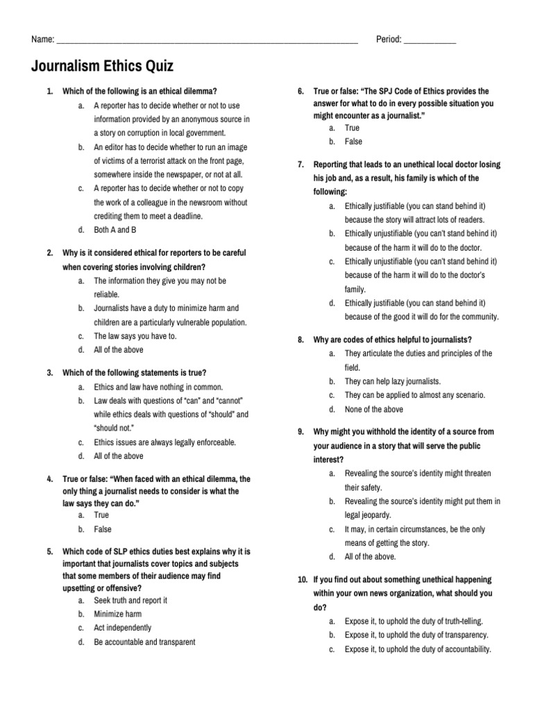 Journalism Ethics Quiz | PDF