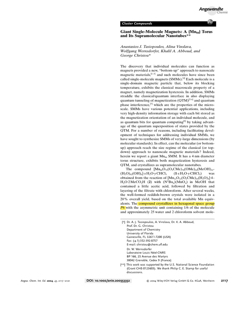 Angew Chem Int Ed - 2004 - Tasiopoulos - Giant Single Molecule Magnets ...
