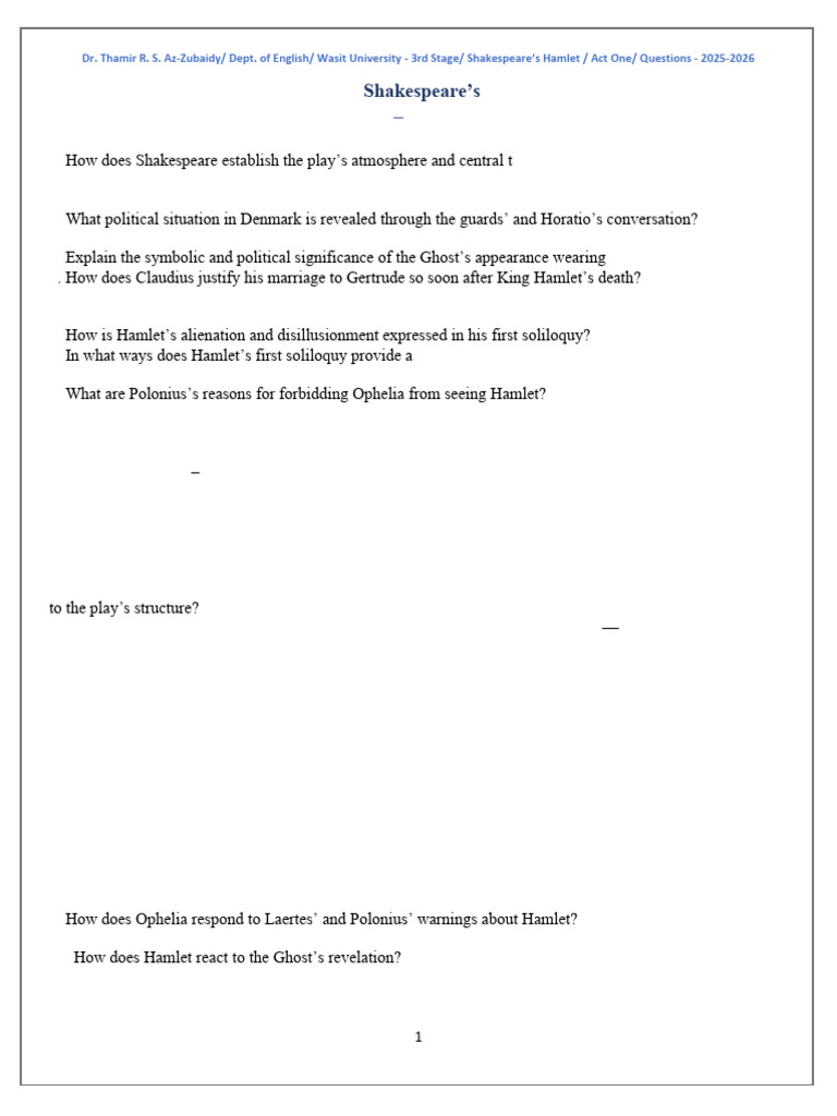 DR Thamir Az Zubaidy Shakespeare S Hamlet Diverse Questions To Answer ...