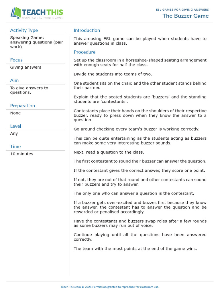 The Buzzer Game | PDF | Game Shows