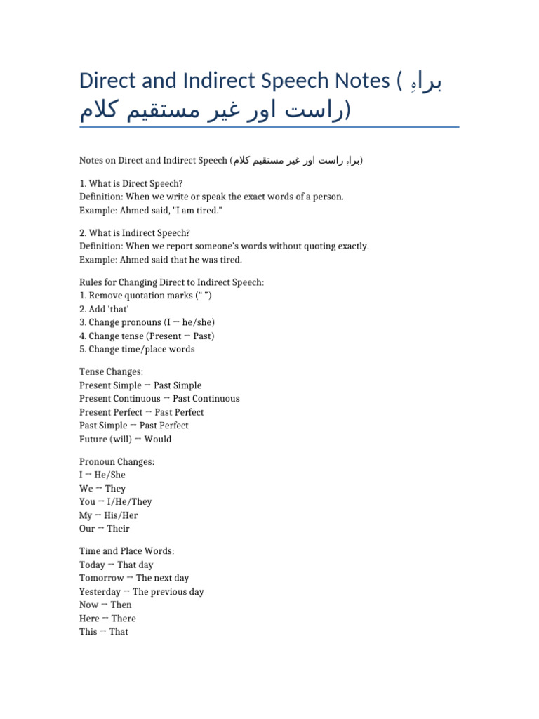 Direct Indirect Speech Notes | PDF