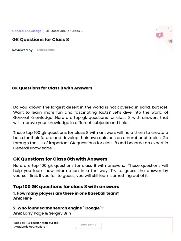 Top 100 GK Questions for Class 8 | PDF | Planets | Metals