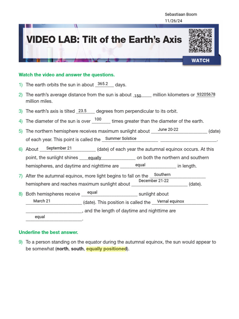 7SCI Vidoe Lab Tilt of The Earths Axis | PDF | Earth | Planetary Science