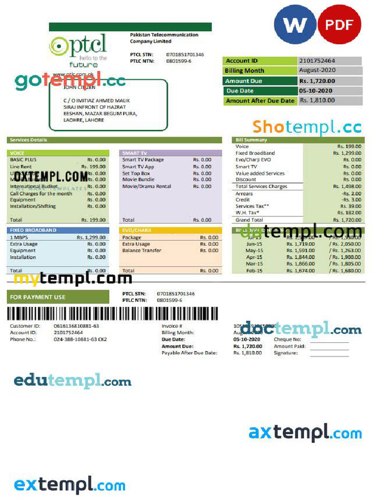 Doctempl - Pakistan PTCL Utility Bill Template in Word and PDF Format | PDF