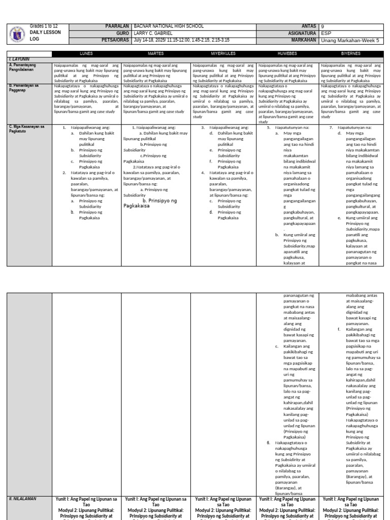 Dll Esp 9 q1-Week 5 | PDF