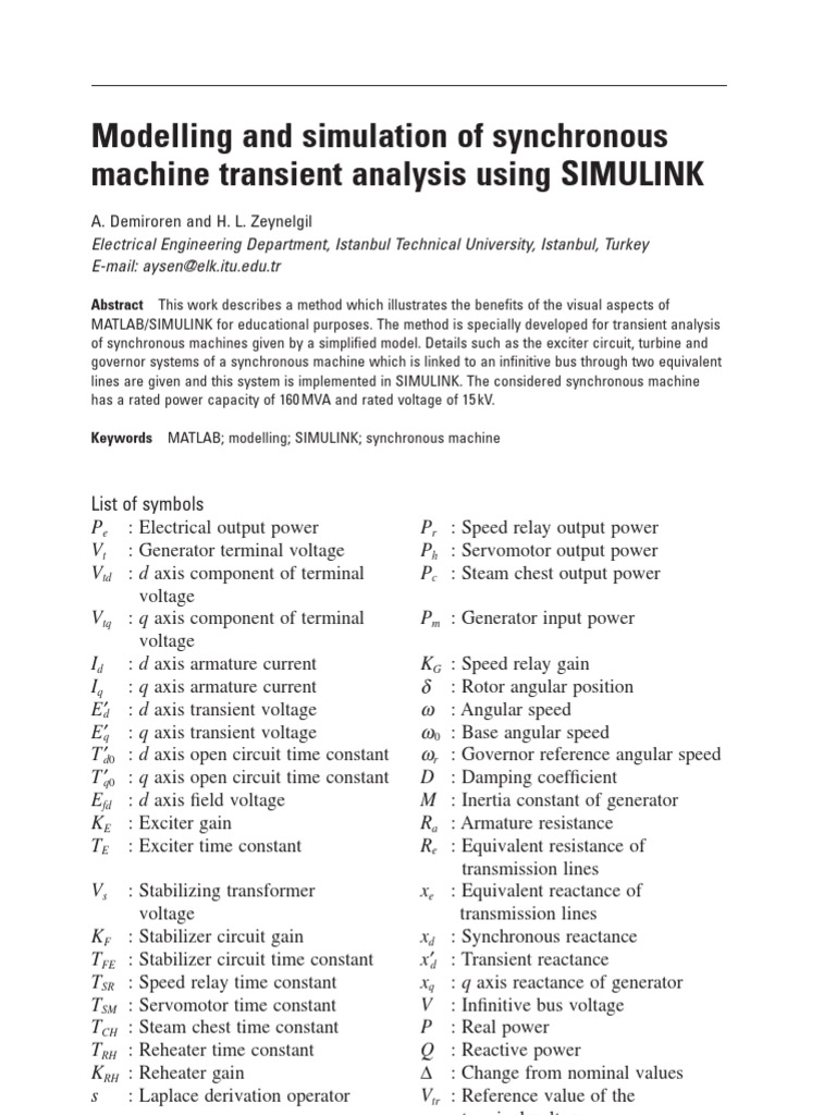 Modelling and Simulation of Synchronous Machine Transient Analysis | PDF | Matlab | Turbine