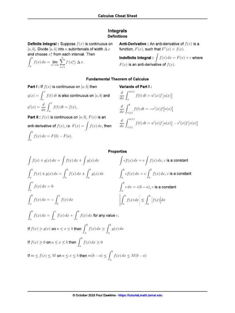 Calculus Cheat Sheet Integrals | PDF | Calculus | Mathematical Analysis