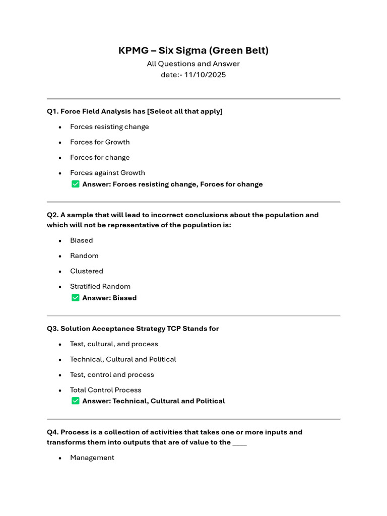 KPMG Six Sigma Green Belt Q&A Guide | PDF | Standard Deviation | Six Sigma