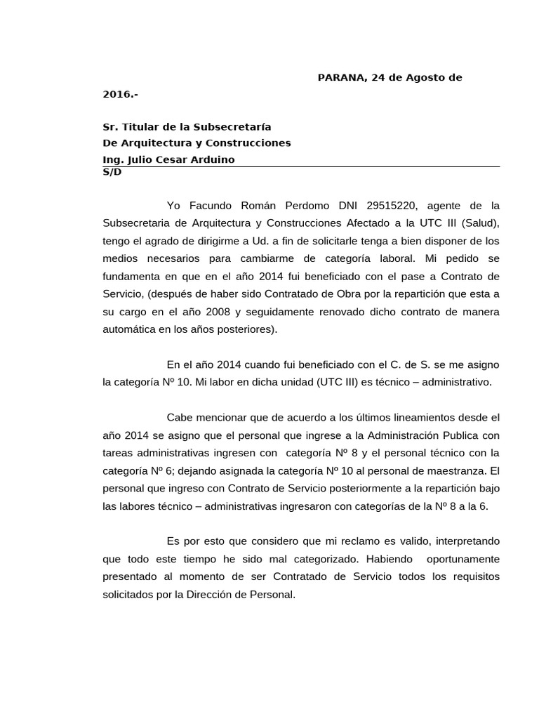 Nota Arduino Solicitar Cambio de Categoria | PDF